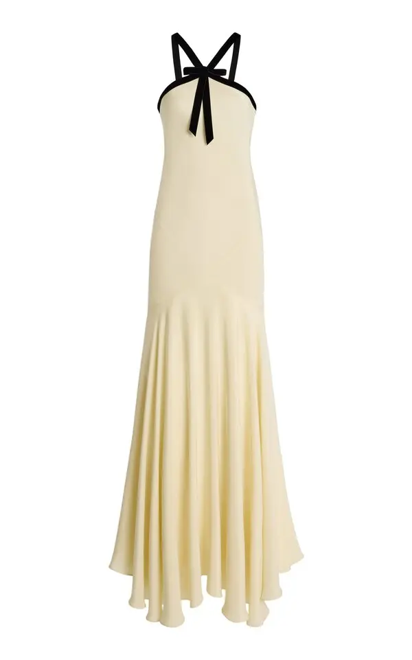 RODARTE Velvet-trimmed Silk Crepe Maxi Halter Dress - Neutral