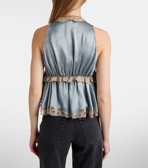 Chloé Lace-trimmed Silk Satin Top - Blue