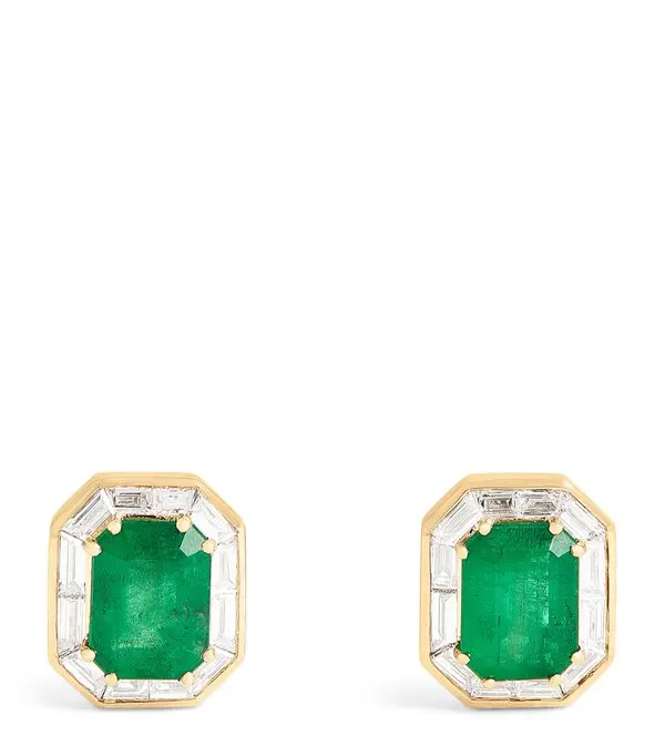 Shay Yellow Diamond, And Emerald Halo Earrings - Gold