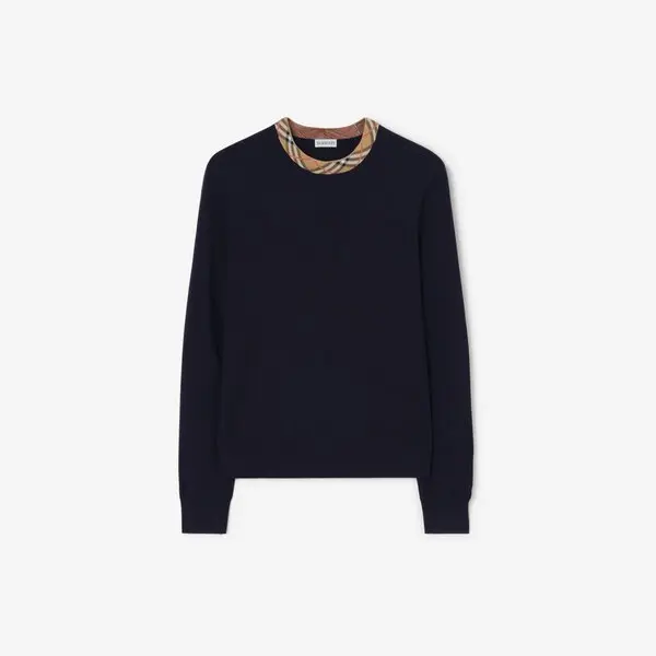 Burberry Check Trim Wool Sweater - Navy