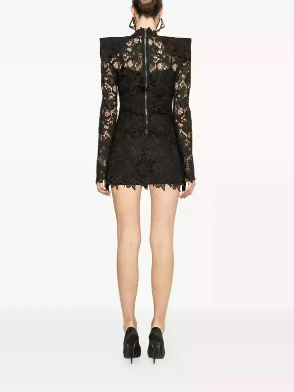 NISSA Lace Mini Dress With Shoulder Pads And Long Sleeves - Black