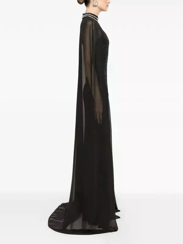 NISSA Sequined Cape Gown With Crystal Embellishments