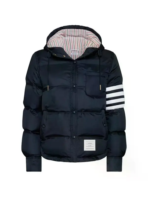 Thom Browne Down Hooded Jacket With Four-bar Detail - Blue