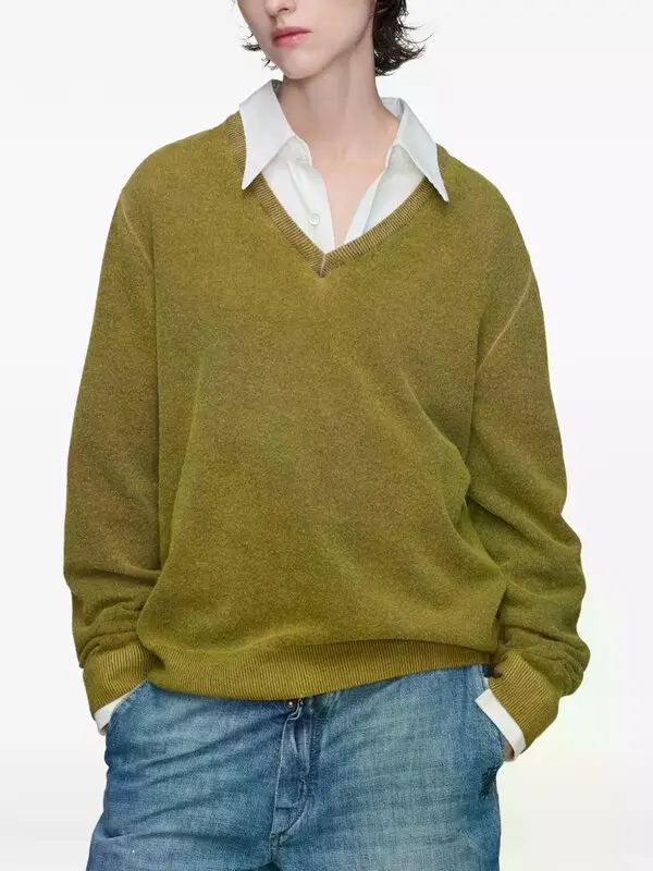MAISON MARGIELA V-neck Fine Knit Virgin Wool Sweater - Green