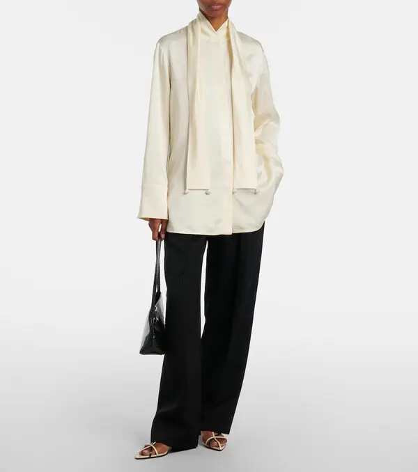 JIL SANDER Satin Shirt With Detachable Scarf Detail - White