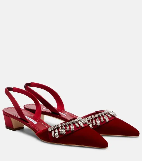 Manolo Blahnik Beguila 30 Embellished Velvet Slingback Pumps - Red