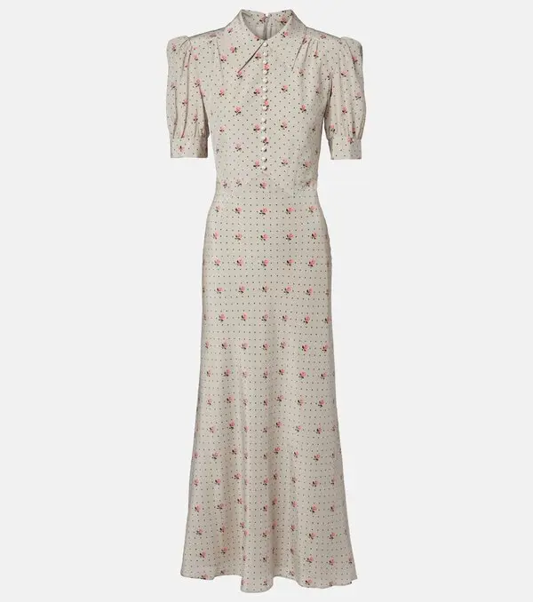 Alessandra Rich Floral Polka-dot Silk Maxi Dress - Grey