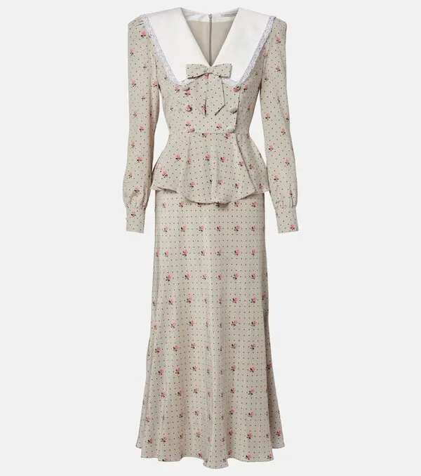 Alessandra Rich Floral Polka-dot Silk Midi Dress - Grey