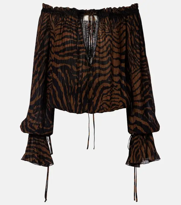 Blumarine Lace-trimmed Zebra-print Chiffon Top - Brown