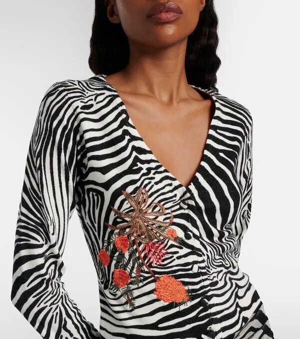 Blumarine Printed Ribbed-knit Cardigan With Detachable Collar