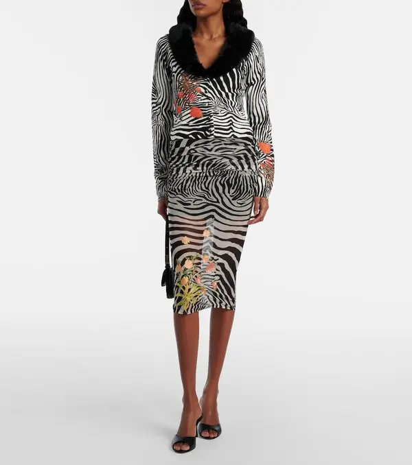 Blumarine Printed Ribbed-knit Cardigan With Detachable Collar