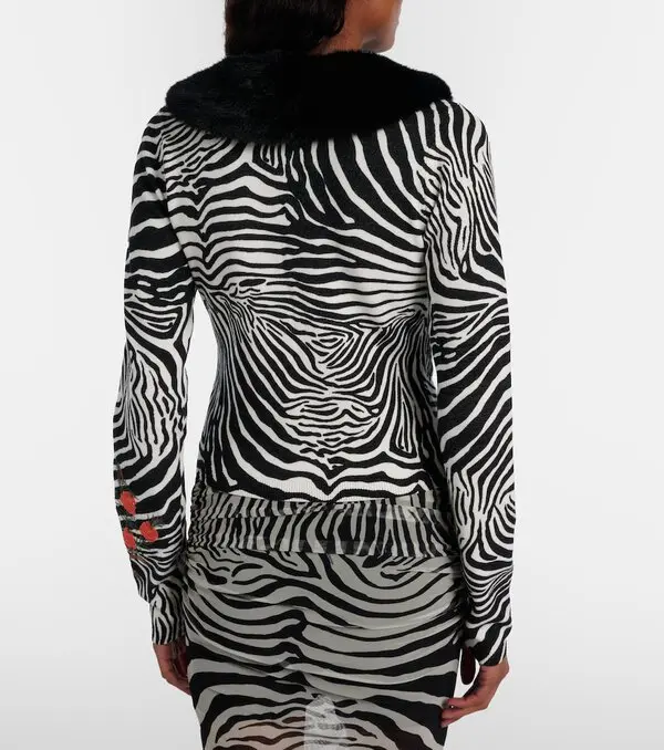 Blumarine Printed Ribbed-knit Cardigan With Detachable Collar