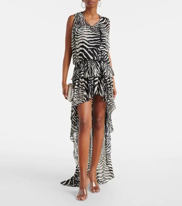 Blumarine Zebra Print Asymmetric Chiffon Mini Dress - Black
