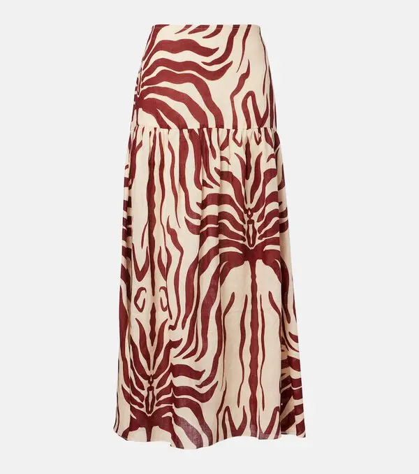 Johanna Ortiz Gathered Printed Linen Maxi Skirt - Beige