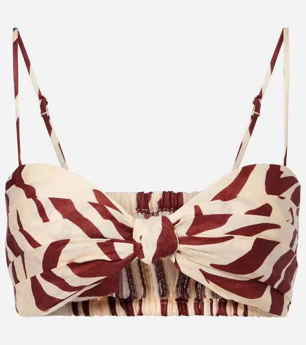 Johanna Ortiz Pleated Printed Linen Bra Top - Beige