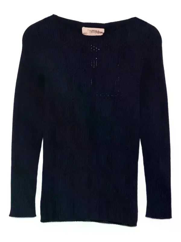 TWINSET Ribbed Openwork Boat Neck Jumper - Blue
