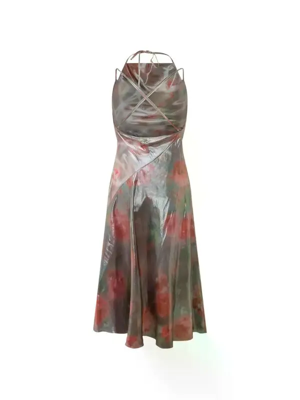 DIESEL® Midi D-ebra Dress In Foiled Georgette With Blurred Rose Print - Silver