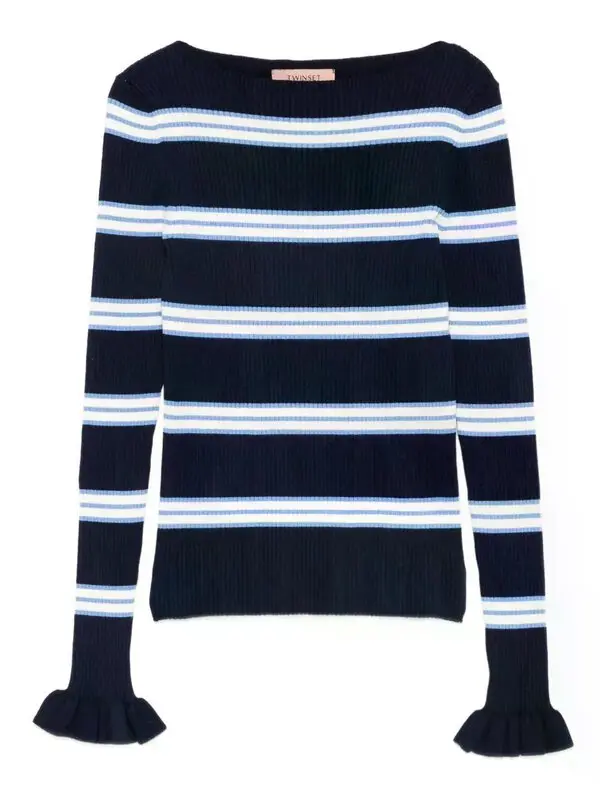 TWINSET Striped Ribbed Knit Boat Neck Top With Ruffled Cuffs - Blue