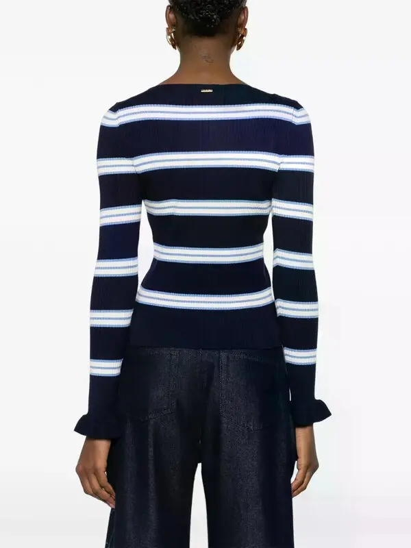 TWINSET Striped Ribbed Knit Boat Neck Top With Ruffled Cuffs