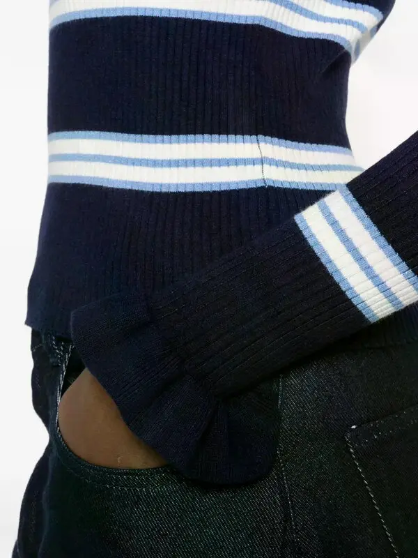 TWINSET Striped Ribbed Knit Boat Neck Top With Ruffled Cuffs