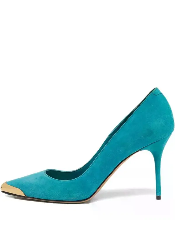 Alexander McQueen Suede Pointed-toe Stiletto Pumps With Gold-tone Toecap - Blue