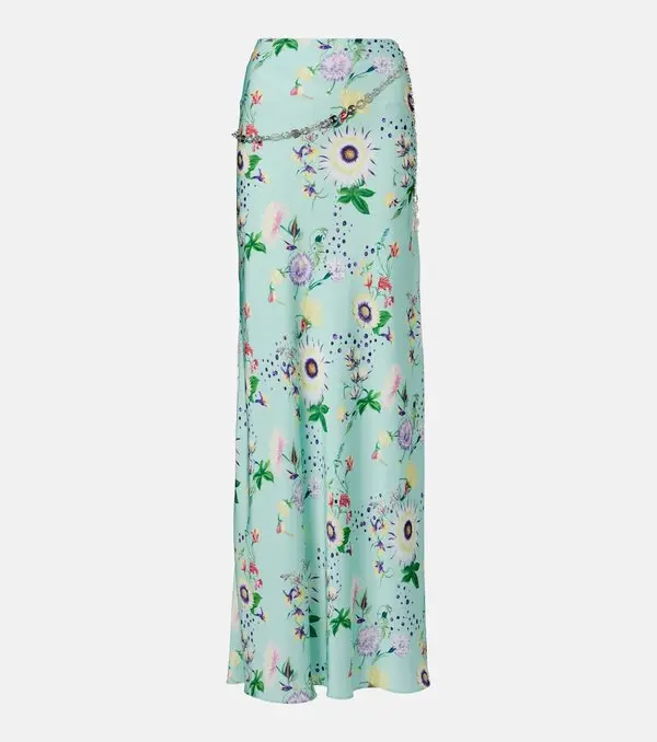 Rabanne Floral Satin Maxi Skirt With Chain Detail - Multicoloured
