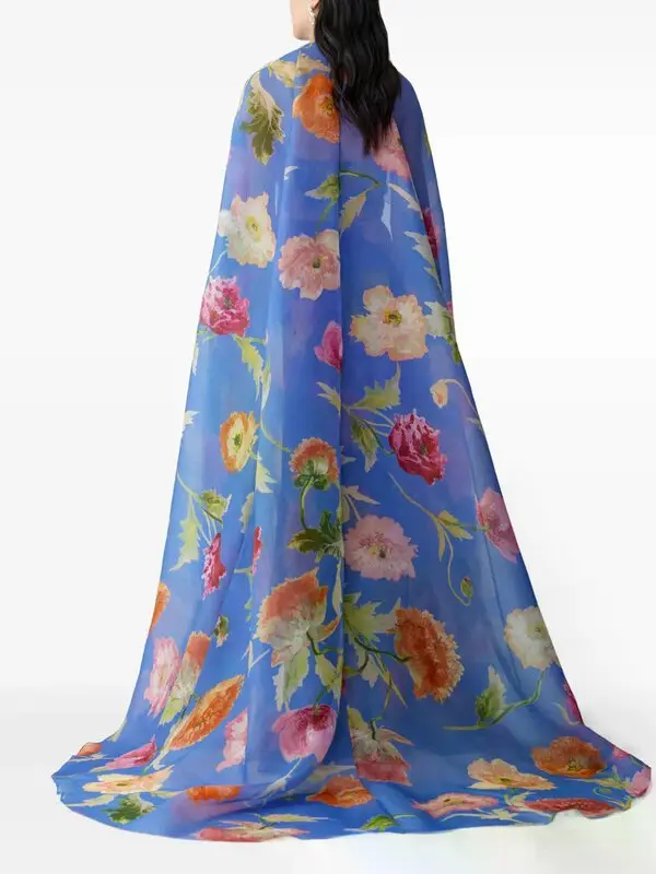 Carolina Herrera Floral Print Organza Gown With Cape