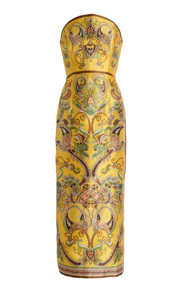 ALEMAIS Strapless Printed Twill Midi Dress - Yellow