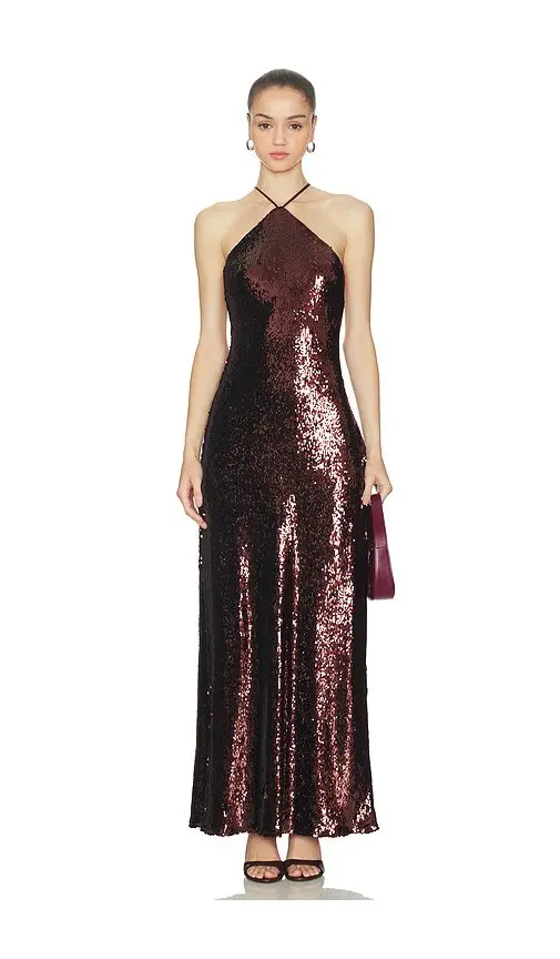 Line & Dot Sequin Embellished Maxi Dress With Halter Neck Tie - Brown