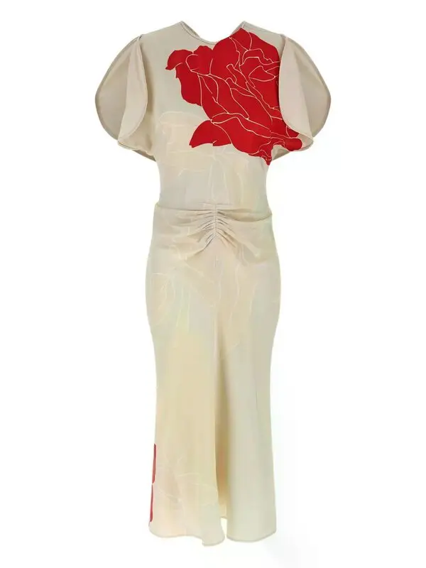Victoria Beckham Gathered-waist Printed Midi Dress - Neutrals