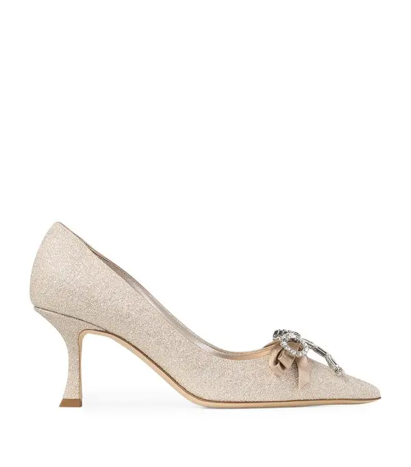 JIMMY CHOO Auria 70 Glittered Pumps With Crystal Bow - Gold