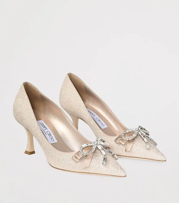 JIMMY CHOO Auria 70 Glittered Pumps With Crystal Bow - Gold