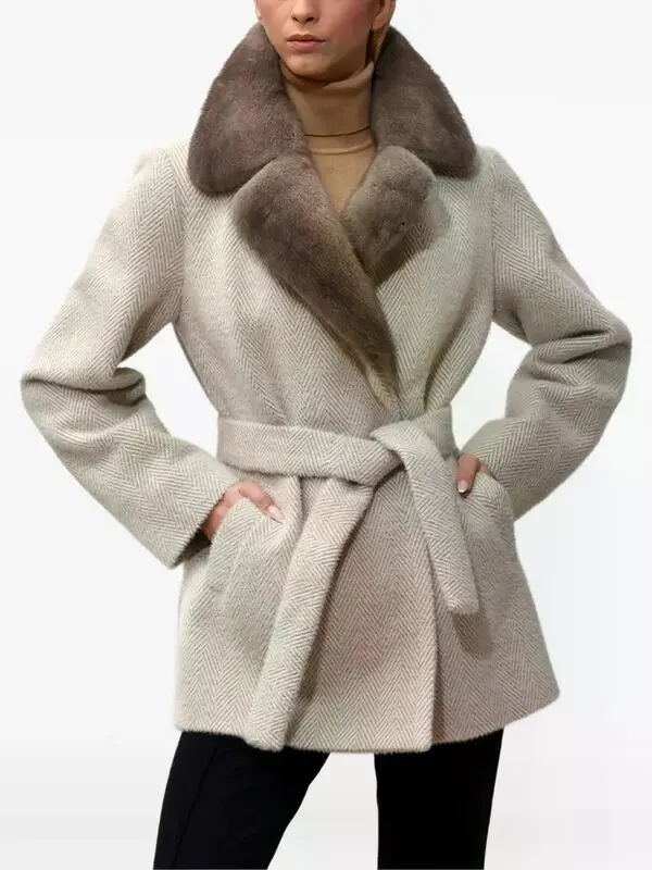 POCHE PARIS Herringbone Belted Jacket With Faux-fur Collar
