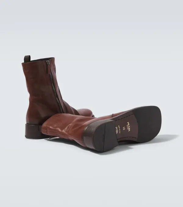 Prada Leather Ankle Boots With Side Zip