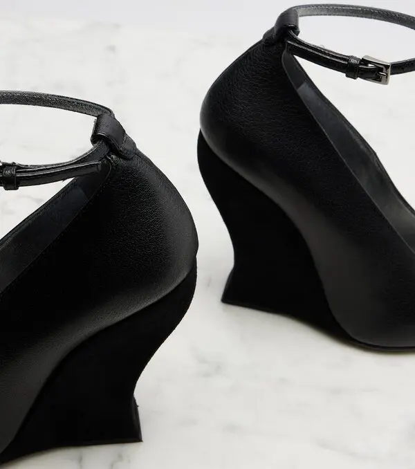 Alaïa Pointed Toe Leather Wedge Ankle Strap Heels