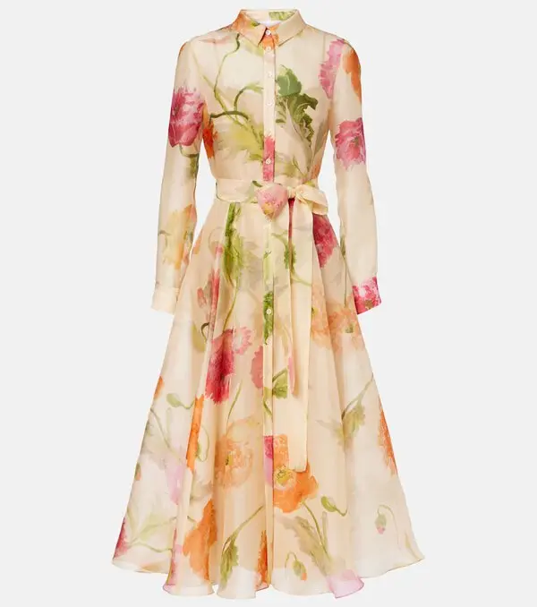 Carolina Herrera Belted Floral Silk Shirt Dress - Beige