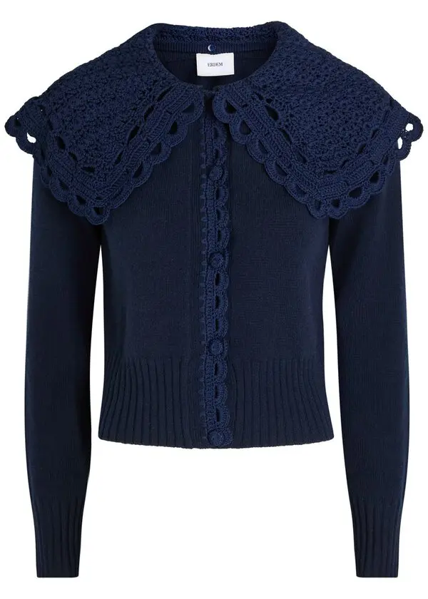 Erdem Crochet Collar Wool-blend Cardigan - Navy