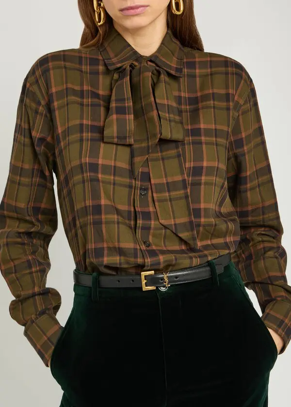 Saint Laurent Checked Tie-neck Cotton Shirt