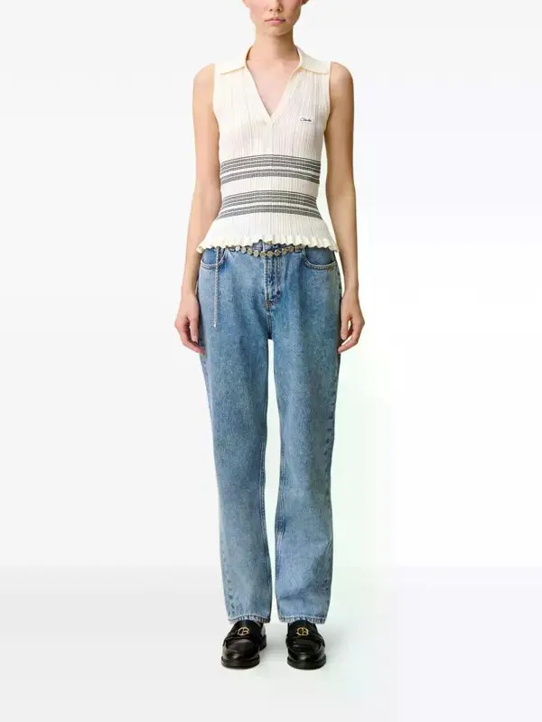 Claudie Pierlot Sleeveless V-neck Polo Top With Ruffle Detail - Neutrals