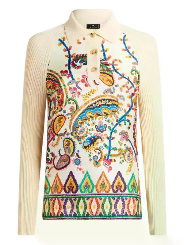 Etro Long-sleeved Cotton Polo Shirt With Silk Paisley Insert - Neutrals
