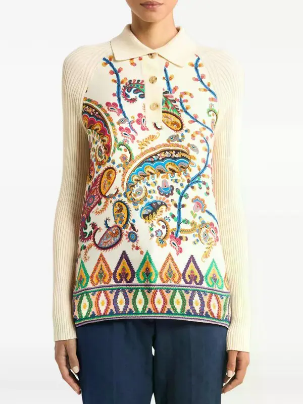 Etro Long-sleeved Cotton Polo Shirt With Silk Paisley Insert