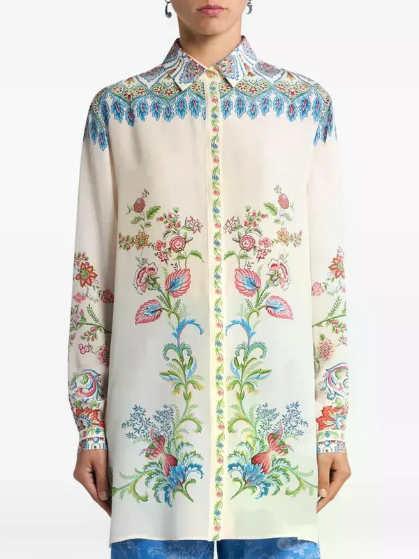 Etro Long Silk Shirt With Placed Floral Print