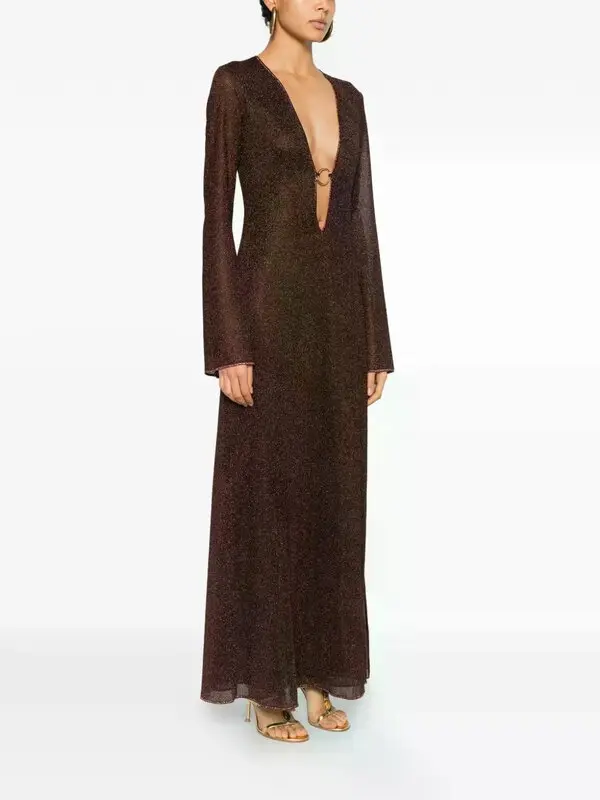 Oseree Maxi Dress With V-neck And Ring Detail - Brown
