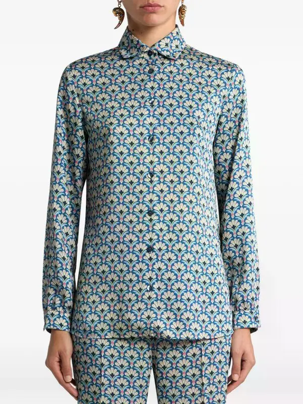 Etro Long-sleeved Twill Shirt With Micro Palm Motif