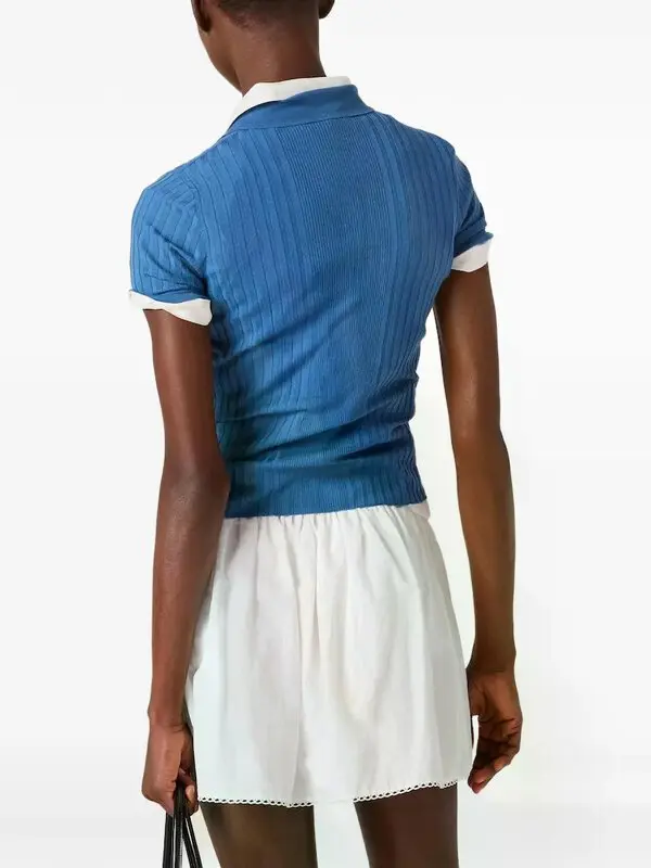 Miu Miu Ribbed Knit Logo Plaque Polo Top