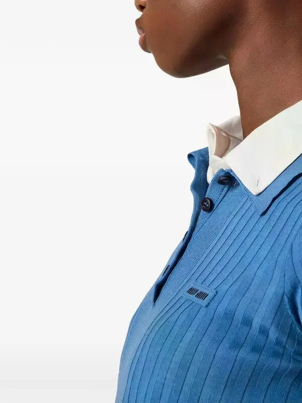 Miu Miu Ribbed Knit Logo Plaque Polo Top