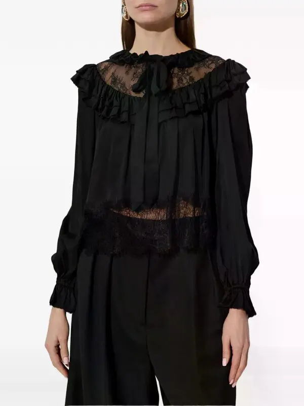 SELF-PORTRAIT Lace Trimmed Ruffled Blouse - Black