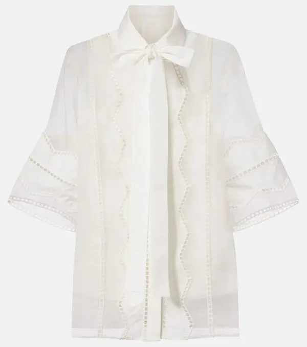 Elie Saab Tie-neck Cotton And Silk-blend Blouse In Powder - White