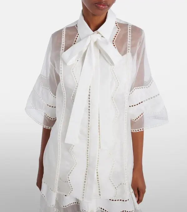 Elie Saab Tie-neck Cotton And Silk-blend Blouse In Powder