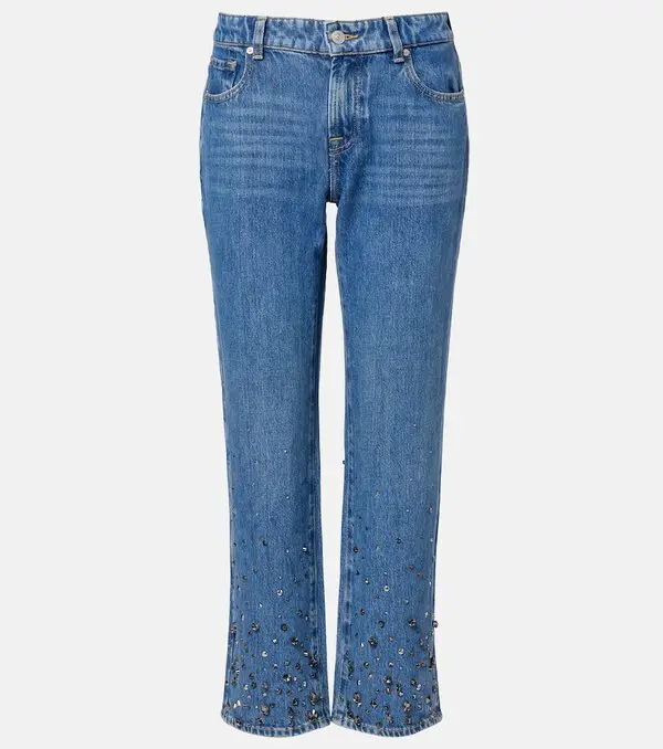 7 For All Mankind Calie Embellished Cropped Straight Jeans - Blue